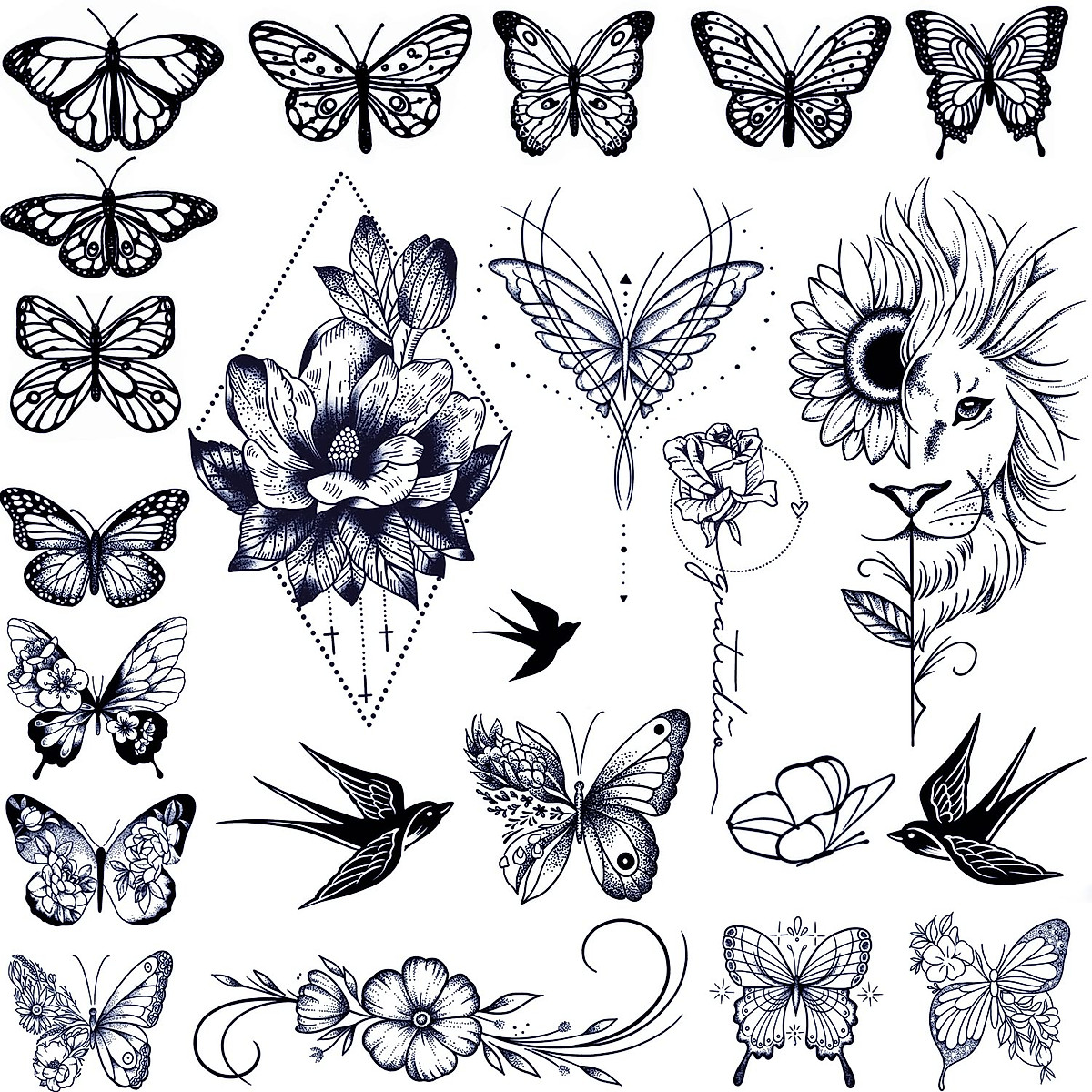 Tazimi Semi Permanent Temporary Tattoos for Women Girls - Large Long Lasting Temporary Butterfly Flower Lion Swallow Tattoos,Lasts 1-2 Weeks Waterproof Realistic Fake Tattoos