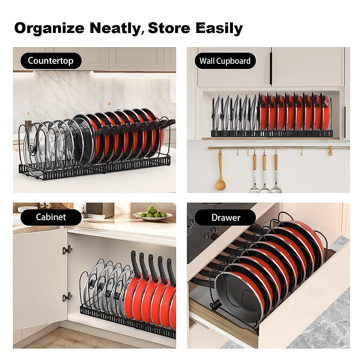 Housolution Pot and Pan Organizer Rack for Cabinet, Expandable Pot Lid Organizer Holder with 14 Adjustable Dividers, Pan Organization and Storage Lid Organizer Rack Pots and Pans for Cabinet, Black