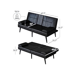 BELLEZE Futon Sofa Bed, Comfy Couch Convertible Sofa Bed with 2 USB Ports, Removable Armrests and Adjustable Backrest, Modern Loveseat Sofa for Living Room, Small Space - Madison (Black Faux Leather)