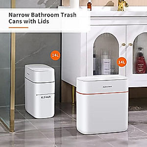 Garbage Can with Lid for Bathroom, JOYBOS Small Trash Can with Press Type Cover, Slim Narrow 14L Waste Bin, Suit for Bedroom, Laundry, Office, Kids Room, Living Room