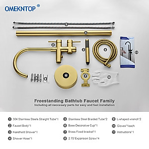Freestanding Bathtub Faucet Floor Mount Tub Filler Brush Gold, OMEKNTOP Modern Freestanding Tub Faucet with 360 Swivel Gooseneck Spout and Handheld Shower, Standing Tub Faucet for Bathroom