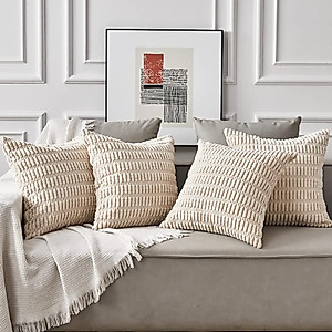 Junfawn Set of 4 Decorative Throw Pillow Covers 18 x 18 for Couch Sofa Bed, Soft Boho Striped Corduroy Cushion Cases for Living Room Decor, Cream White