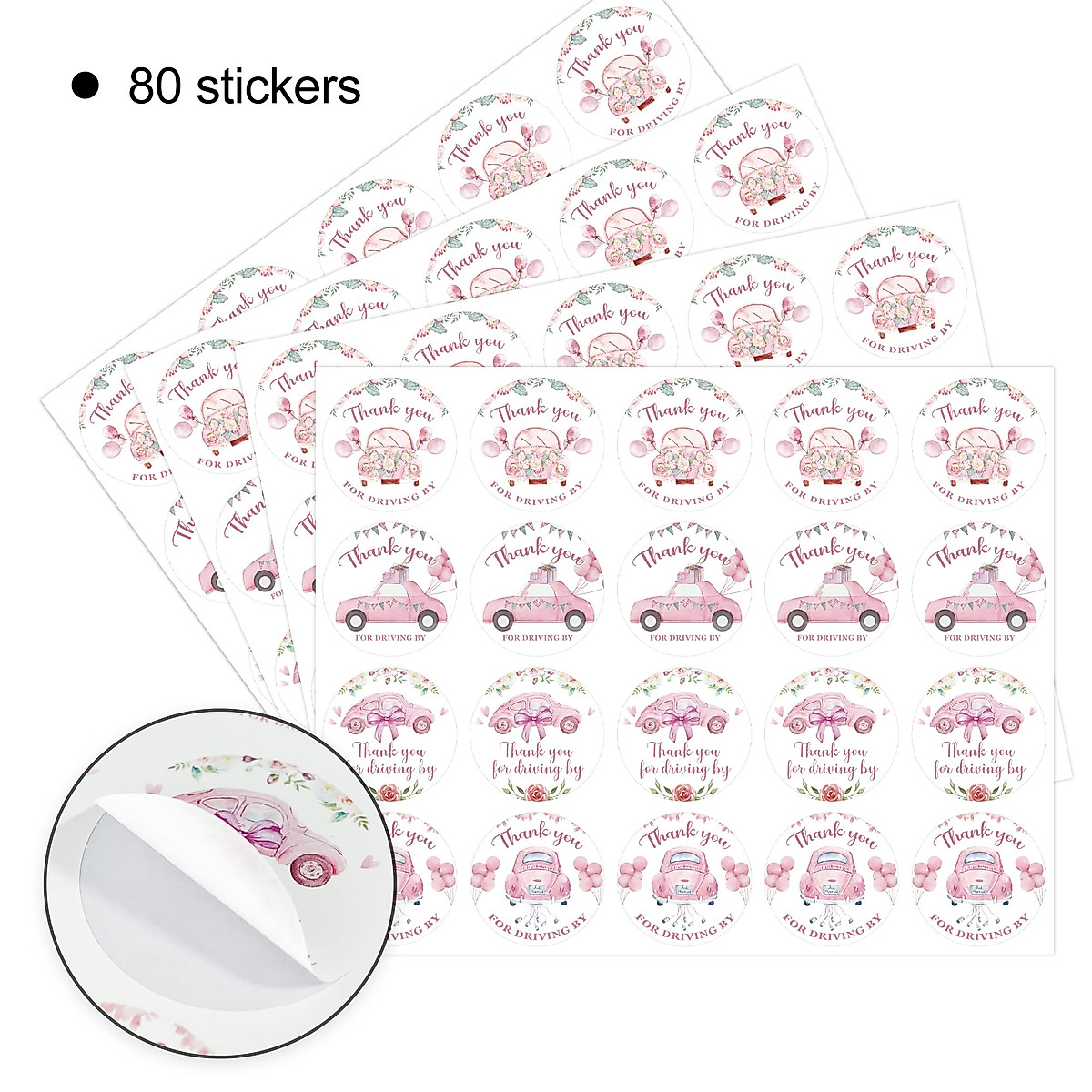 80 Thank You for Driving by Stickers, Drive by Baby Shower Birthday Party Favor Labels Decorations