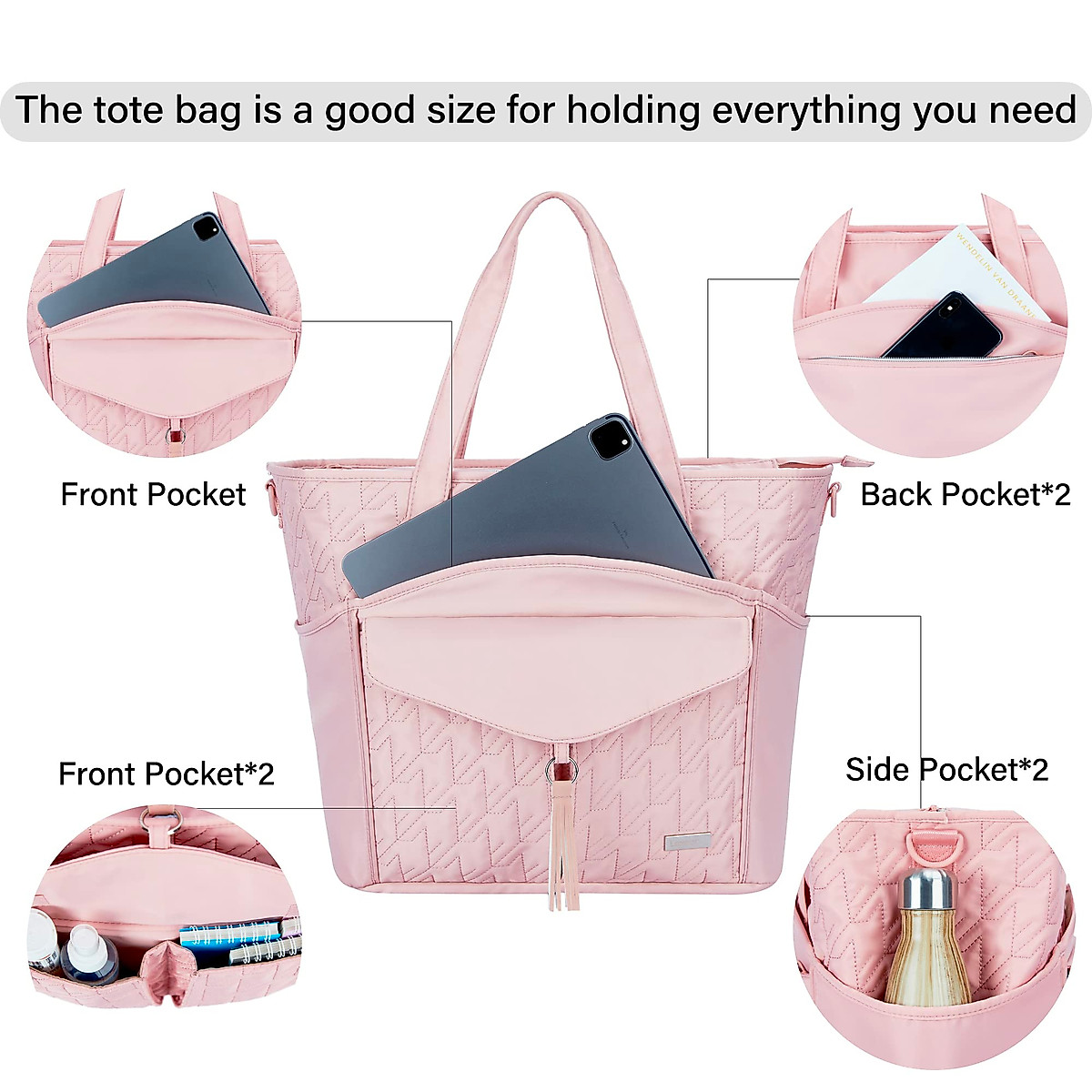 Utility Teacher Tote Bag for Women Work Bags Quilted Large Nurse Tote Bag with Pockets for 15.6" Laptop for Teacher Supplies (Pink)