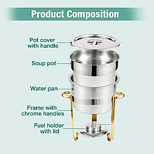 Restlrious Soup Chafer 7 QT Stainless Steel Round Soup Warmer, Large Marmite Soup Chafer with Pot Lid and Fuel Holder in Gold Accent, for Catering Parties Events Banquets, Commercial Grade 2 Pack