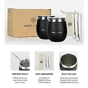 Here & Now Yerba Mate Cup and Bombilla Set | 2 Mate Gourds, Spill Resistant Lids, & Mate Straws | Bombilla Brush & Pouch Included | Yerba Mate Gourd Kit with Bombilla Mate & Mate Tea Cups (Black)