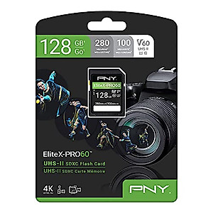 PNY 128GB EliteX-PRO60 UHS-II SDXC Memory Card - R280MB/s W100MB/s, U3, V60, 4K UHD, Full HD, UHS-II for Professional Photographers & Content Creators, DSLR Mirrorless Cameras, Advanced Video Cameras