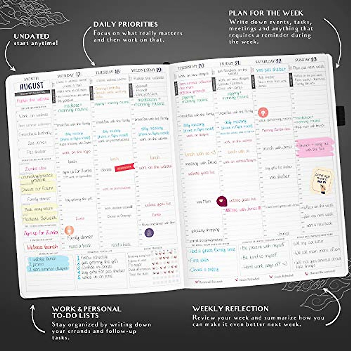 Legend Planner PRO Hourly Schedule Edition - Undated Deluxe Weekly & Daily Organizer with Time Slots. Time Management Appointment Book Journal for Work & Personal Life, A4 Size Hardcover - Black