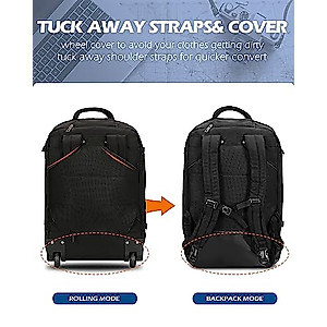 Hynes Eagle 2 in 1 Rolling Backpack 42L Backpack with Wheels Airline Approved Carry on Luggage Laptop Travel Backpack for Women Men Black with 20L Personal Item Underseat Bag Black