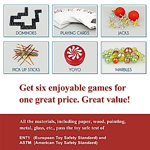 GOTHINK 6-in-1 Classic Games Set, Double 6 Dominoes, Pick Up Sticks, Playing Card, Marbles, Jacks, YO-YO Board Games for Kids Families Classroom Party Birthday