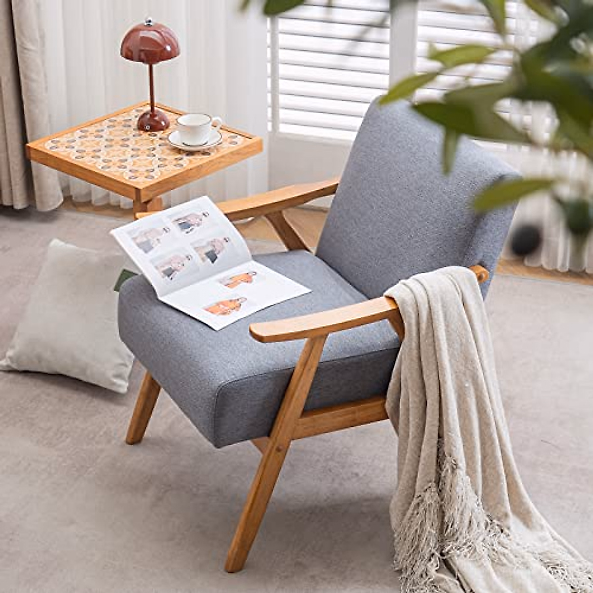 VINGLI Grey Accent Chairs Set of 2, Retro Mid Century Lounge Chairs for Living Room, Sturdy Upholstered Solid Wood Boho Farmhouse Armchairs for Bedroom/Reception