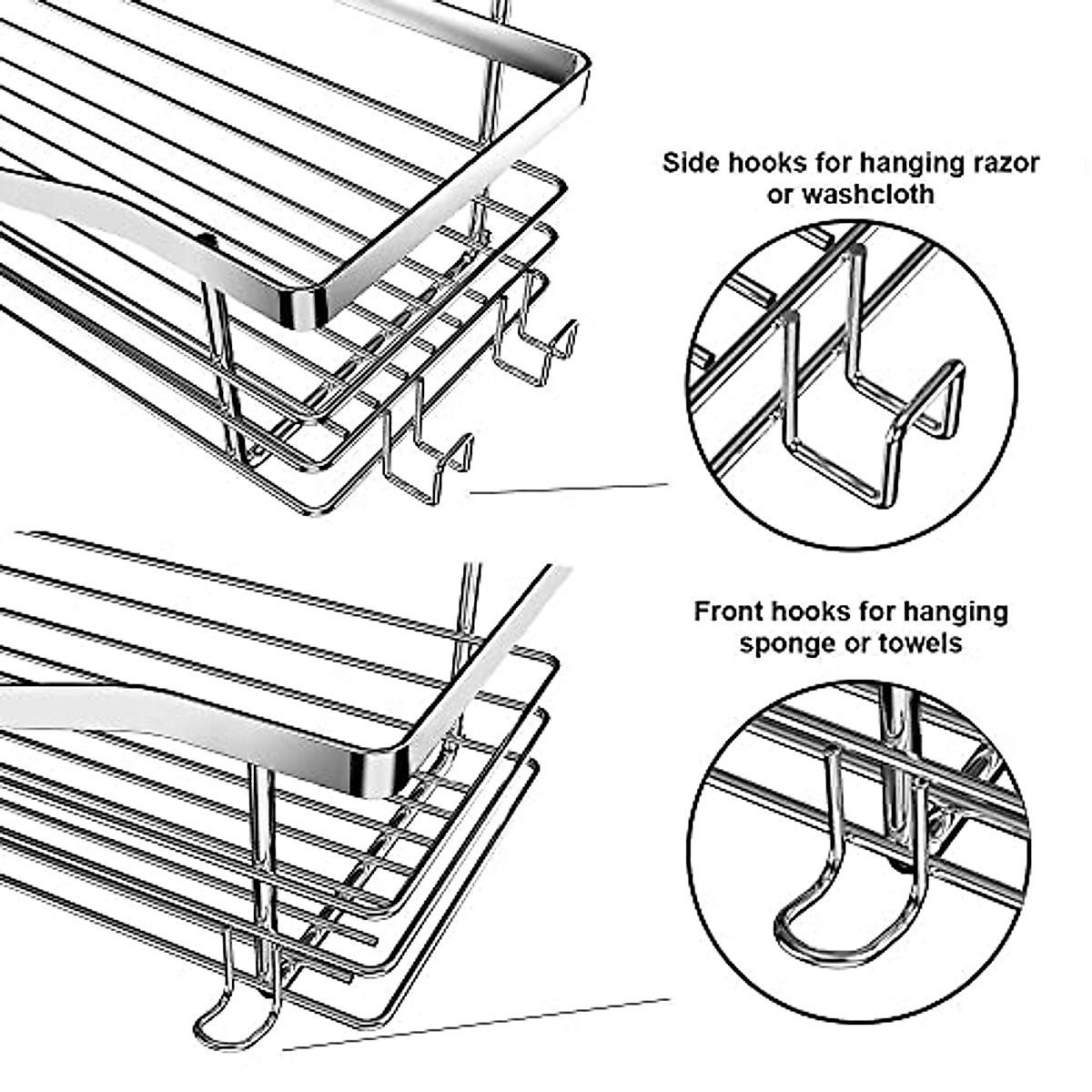 Orimade Shower Caddy Basket Soap Dish Holder Shelf with 5 Hooks Bathroom Organizer Shelf Kitchen Storage Rack Wall Mounted Adhesive No Drilling Rustproof SUS304 Stainless Steel - 3 Pack