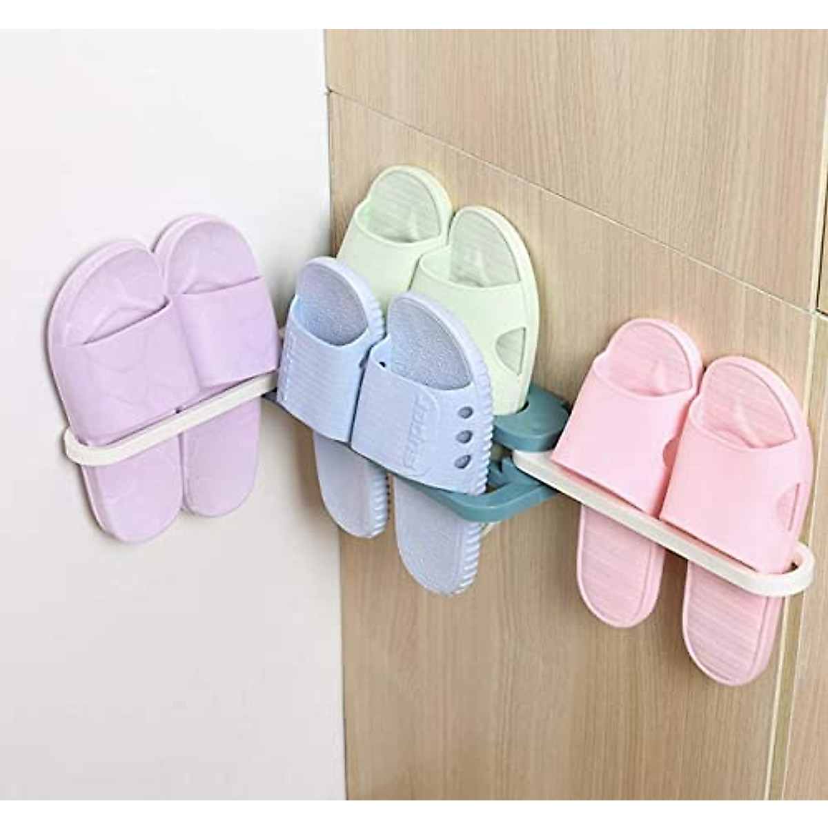 2PCS Bathroom Slippers Rack Wall Mounted Shoe 4in1Organizer Rack Folding Slippers Holder Shoes Hanger Punch-Free Storage Towel Racks (Blue)