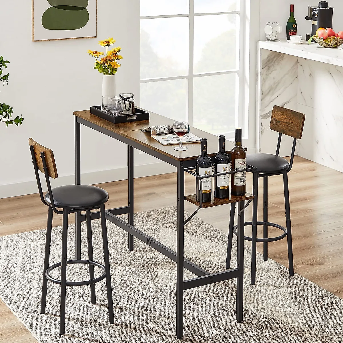 GNIXUU Bar Table and Chair Set for 2, 3-Piece Wooden Pub Dining Set with Folding Wine Rack, Industrial Kitchen Counter Height Table with 2 PU Stools for Breakfast Nook Bistro Small Space(Brown)