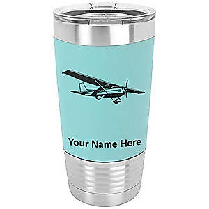 LaserGram 20oz Vacuum Insulated Tumbler Mug, High Wing Airplane, Personalized Engraving Included (Silicone Grip, Teal)