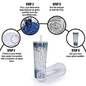 AGH 24oz Acrylic Double Wall Insulated Tumblers(4Pack), Transparent Drilled Plastic Double Wall Tumblers with Straw & Hole Stopper, Acrylic Snow Globe Tumbler