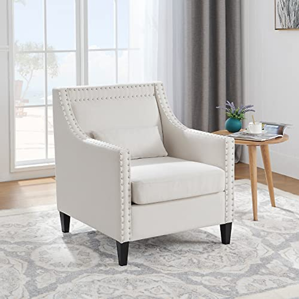 kinmars Accent Chair with Ottoman Comfy Upholstered Living Room Chair Bedroom Chair for Room Reading Chair Mid Century Modern Arm Chair and Storage Ottoman Set (Beige) F0804