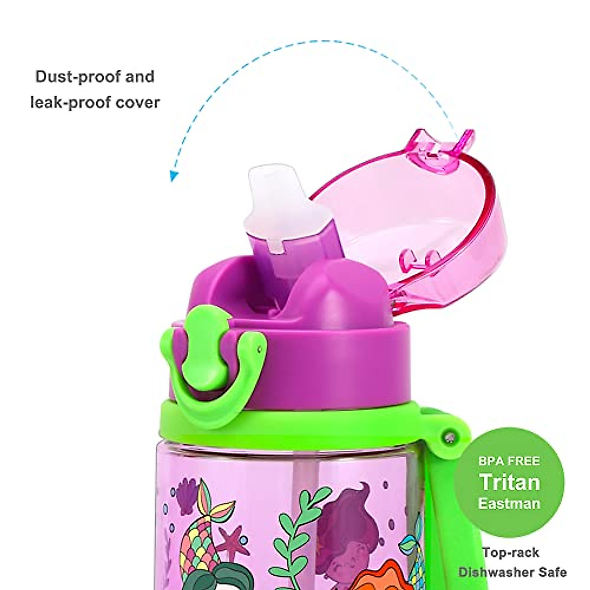 2 Pack Cute Water Bottles with Straw for Kids Girls Boys, BPA FREE Tritan & Leak Proof One Click Open Flip Top & Silicone Sipper & Secure Lock & Soft Carry Loop, 14oz / 400ml (Unicorn & Mermaid 2)