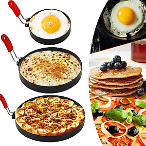 5 PCS Pancake Mold Sets, 3 Pcs Egg Circles for Frying Eggs, 2 PCS Taco Shell Holder Stand, Rack Holds Up to 3 Tacos, 4 Inch 6 Inch 8 Inch Griddle Egg Ring with Silicone Handle for Breakfast Sandwiches