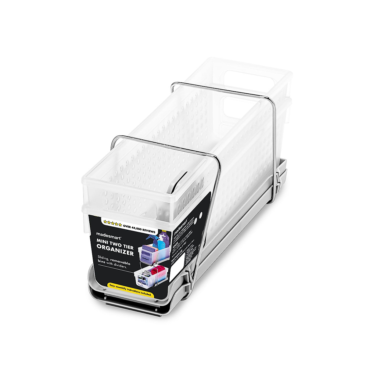 madesmart Mini 2-Tier Organizer, Multi-Purpose Slide-Out Storage with Handles and Dividers for Home and Bath, Frost