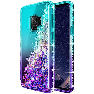 E-Began Case for Samsung Galaxy S9 with Screen Protector (Maximum Coverage, Flexible TPU Film), Ring Holder/Wrist Strap, Glitter Flowing Liquid Girls Women Kids Cute Case (Aqua/Purple)