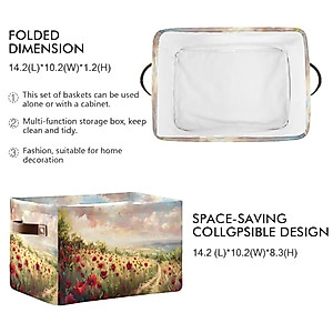 Storage Basket Red Poppies Field Canvas Collapsible Box Organizer Bin with Handles