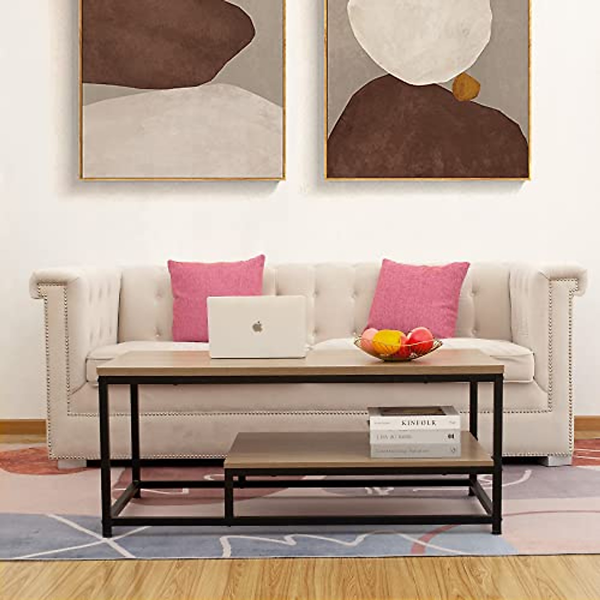 Coral Flower Metal Frame Coffee Table with Large Shelve Space, Light oak