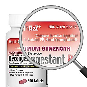 HealthA2Z Decongestant PE 300 Counts | Phenylephrine HCl 10 mg | Maximum Strength | Non Drowsy Nasal & Sinus Congestion Relief Due to Cold & Allergies