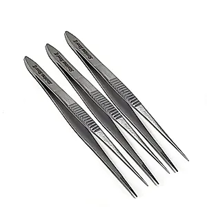 Professional Stainless Steel Set of 3 Tweezers 4.5" with Fine Serrated Precision Straight Tips for Facial Hair, Splinter and Ingrown Hair Removal Used by Women & Men