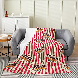 Feelyou Popcorn Pattern Plush Throw Blanket, for Girls Boys Movie Theater Flannel Fleece Blanket Red White Stripe All Season,Bed Blanket Room Decor Vintage Cinema Movie Theater 40"x50"