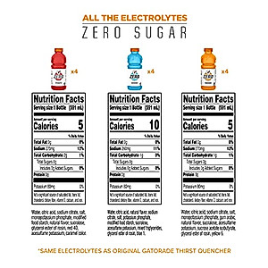 Gatorade G Zero Thirst Quencher, 3 Flavor Variety Pack, 20oz Bottles (12 Pack)