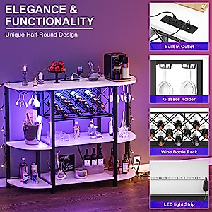 Unikito Bar Table Cabinet with Charging Station,Wine Rack Table with LED light, Wine Bar Cabinet with Storage, Freestanding Floor Bar Cabinet for Liquor and Glasses for Home Kitchen Dining Room, White
