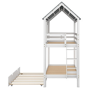 House Bunk Beds Twin Over Twin with Trundle,Kids Bunk Beds with Roof and Windows, Wood Twin Bunk Beds for Girls, Boys,White