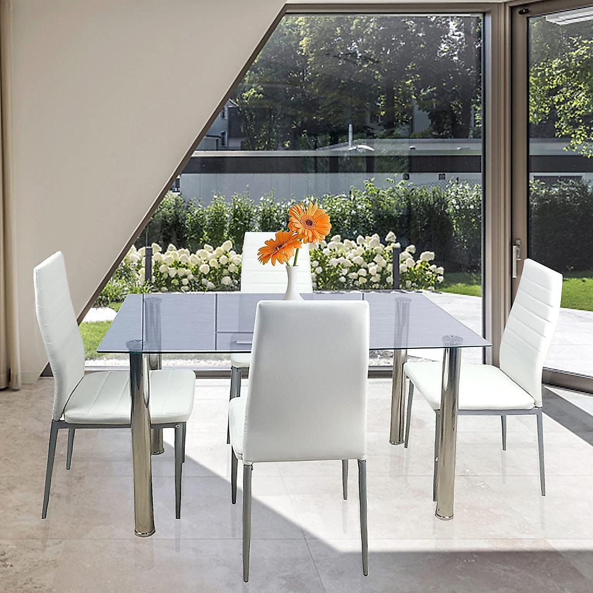 HomVent Dining Table Set for 4, Small Tempered Glass Dining Room Table Set, Kitchen Table and Chairs for Small Spaces, Transparent,White Modern 110cm, Stainless Steel PU Leather