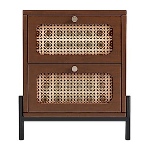 VKKILPEE Modern Cannage Rattan Wood Nightstand 2-Drawer Closet Sofa Side Table End Table for Bedroom, Living Room, Entryway, Hallway, 17''L x 17''W x 21.6''H, Solid Wood Storage Cabinet, Walnut