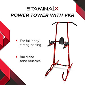 Stamina X Power Tower with VKR - Dip Bar Pull Up Bar Station with Smart Workout App - Dip Bars for Home Workout - Up to 250 lbs Weight Capacity - Red