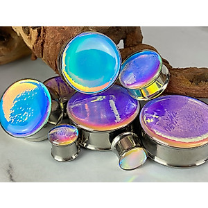 Mystic Metals Body Jewelry Pair of Baby Blue/Pink Opal Color Shift Double Flare Resin Plugs (MTO-052) (1" (25mm))