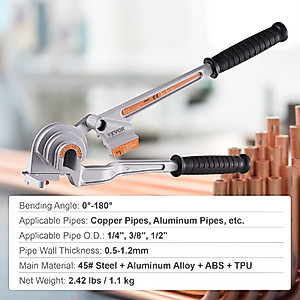 VEVOR Tube Bender, 1/2 inch Pipe Bending Capacity 180 Degrees Manual Bending, for Aluminum and Stainless Steel Pipes in HVAC, Heating Pipe System