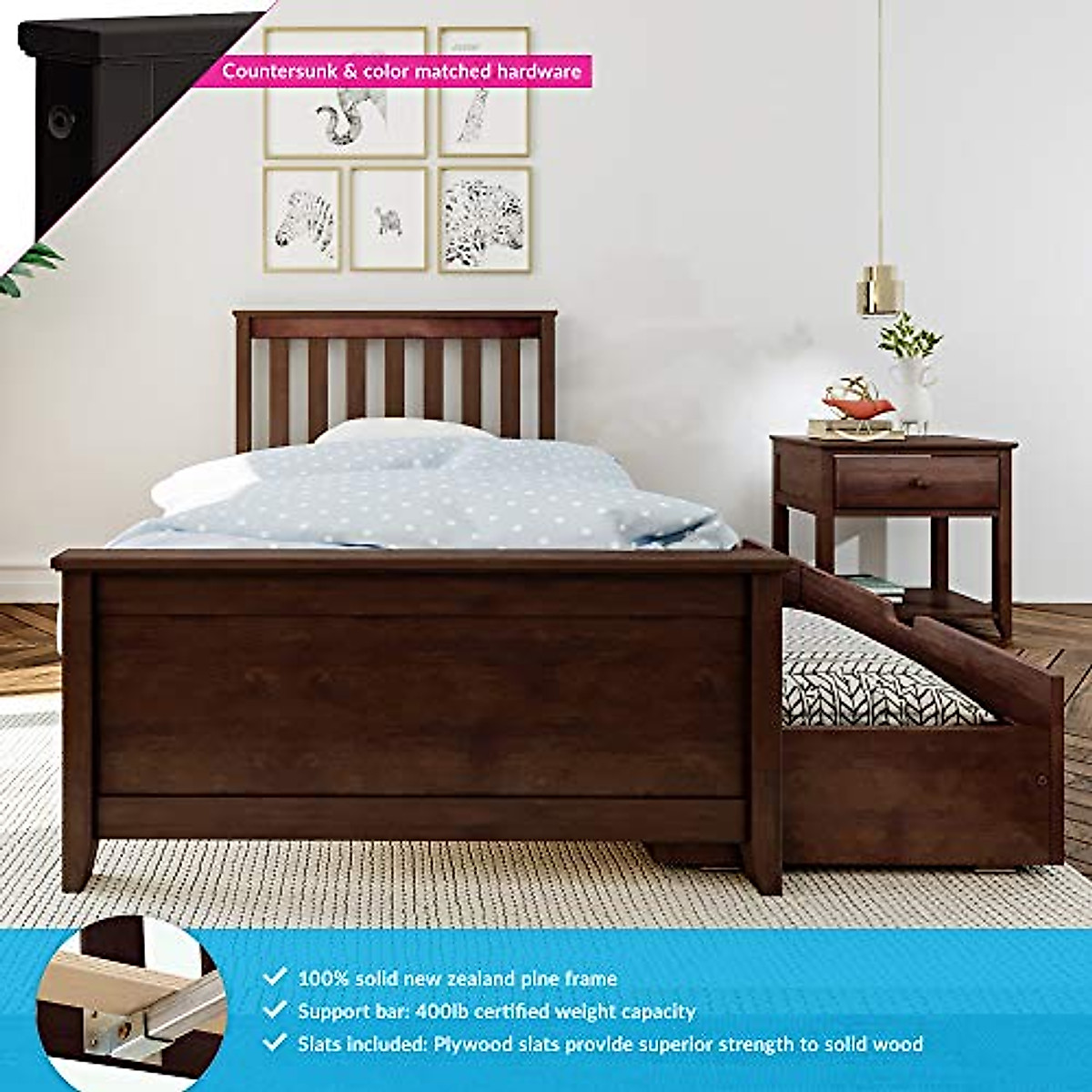 Max & Lily Twin Bed, Bed Frame with Headboard For Kids with Storage Drawers, Slatted, Espresso
