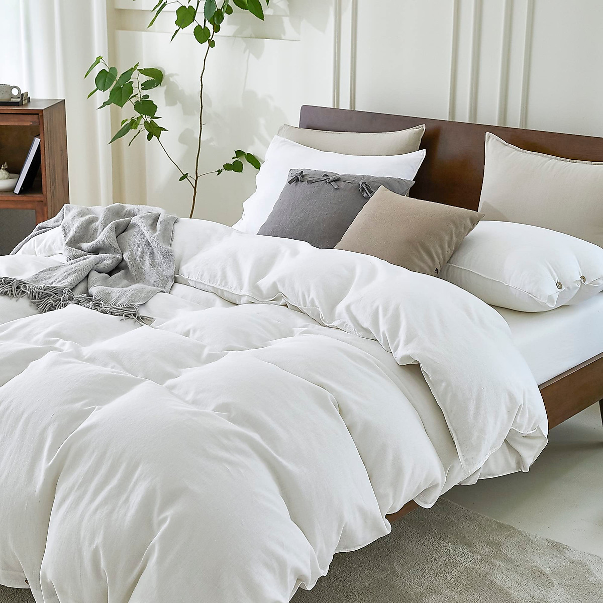 EVERLY 100% Pure Linen Duvet Cover Set Twin Size 68X90Inch 3pcs (1 Duvet Cover,1Pillowcases) Soft and Breathable for All Season with Coconut Button Closure, Suitable for Hot Sleepers-White-Twin