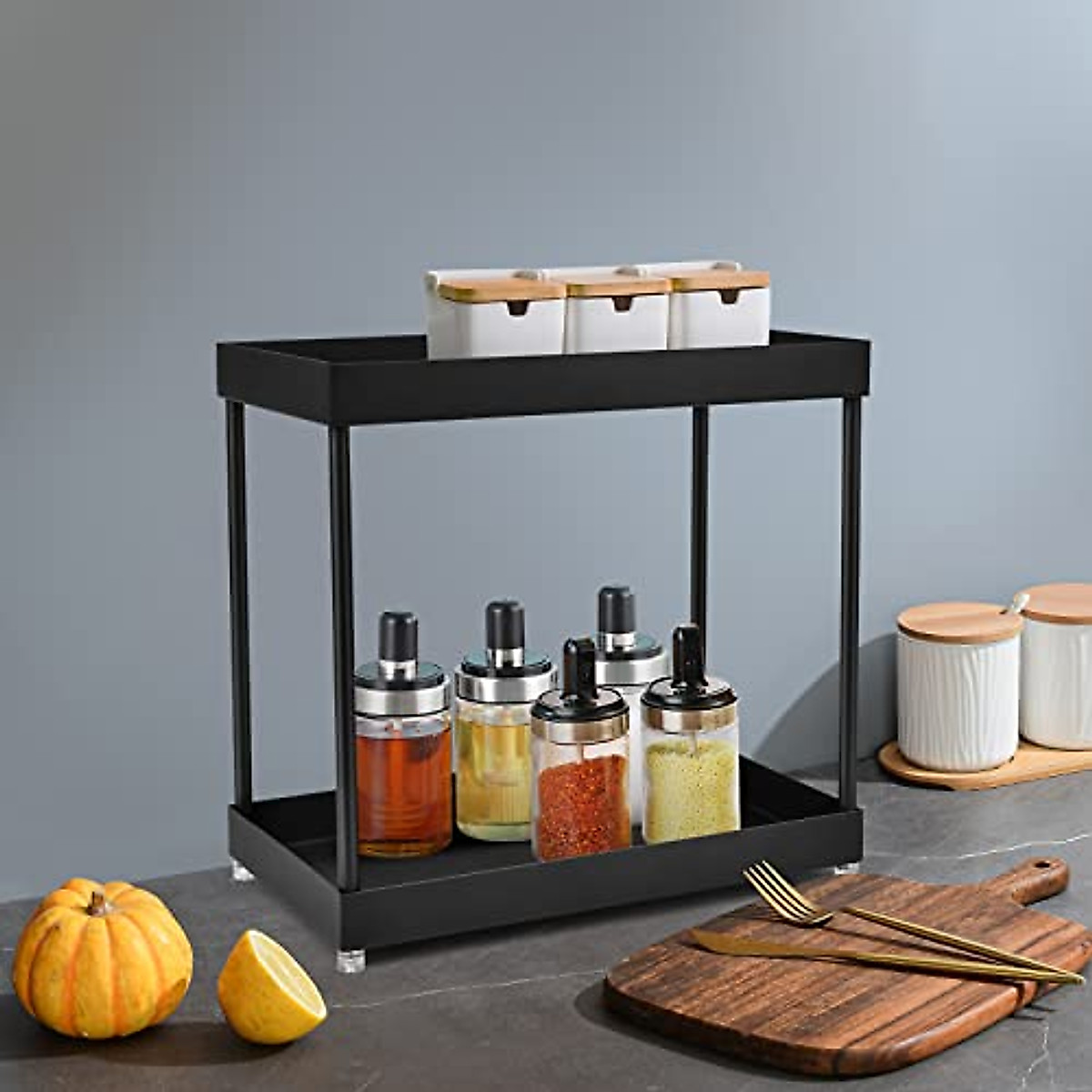 2 Tier Bathroom Countertop Organizer, Counter Standing Rack Cosmetic Vanity Tray Kitchen Spice Rack Countertop Storage Shelf, Black