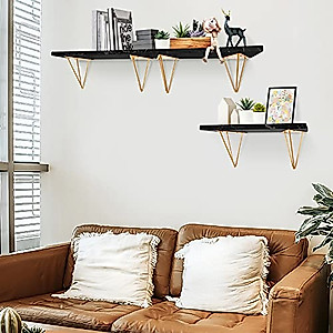 Black Floating Shelves, Wood Wall Mounted Floating Boards, Marbling Wall Shelves with Metal Brackets for Bedroom, Bathroom, Living Room, Kitchen, Laundry Room, Floating Shelves for Wall Decor Set of 2