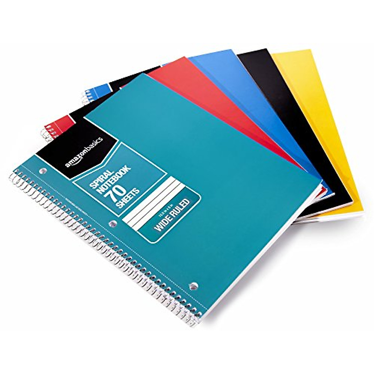 Amazon Basics Wide Ruled Wirebound Spiral Notebook, 70-Sheet, 5 Pack, Multicolor