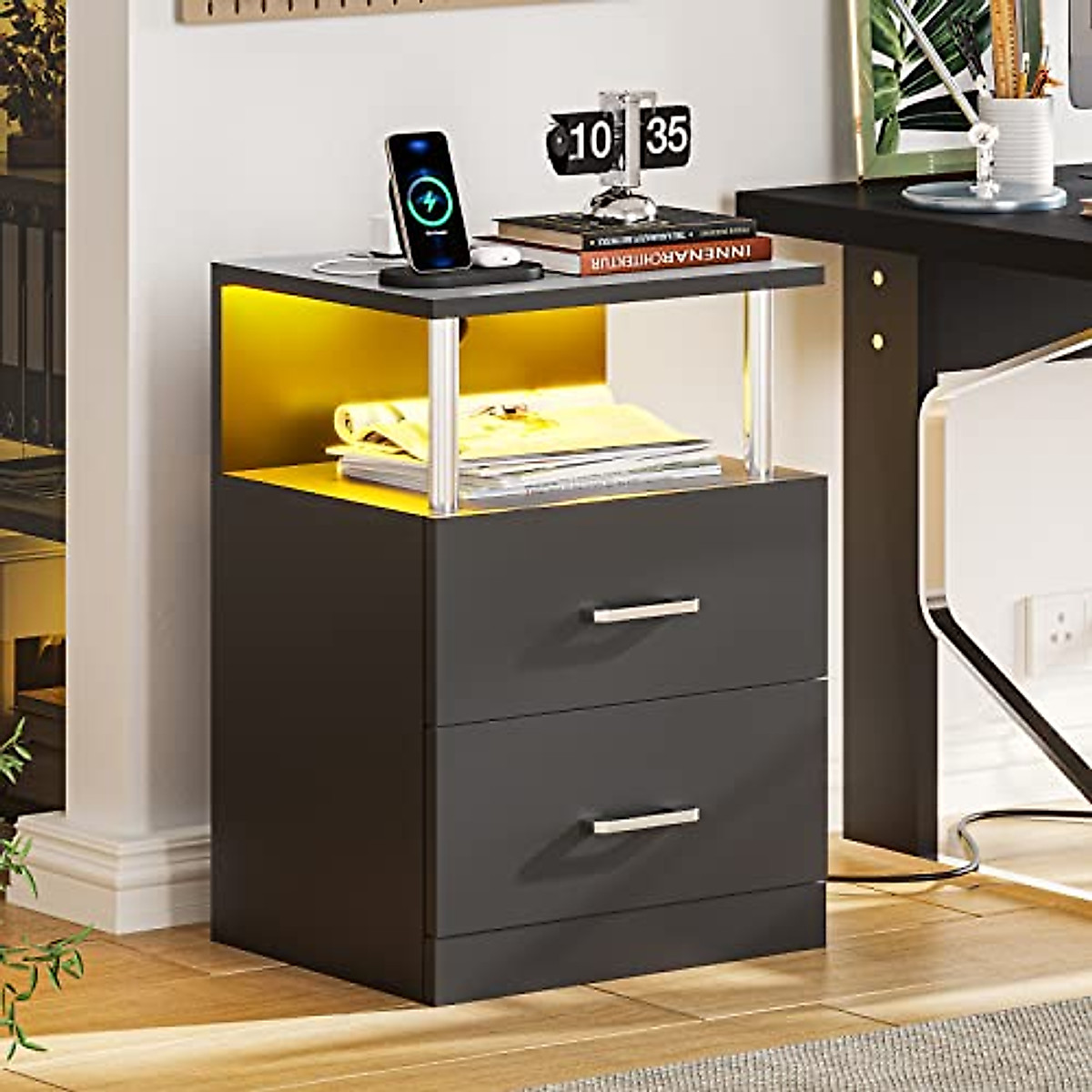 VIAGDO LED Nightstand with Charging Station and USB Ports, Black Night Stand with 2 Drawers, Modern End Side Tables with Open Storage, Bedside Tables for Bedroom, Office
