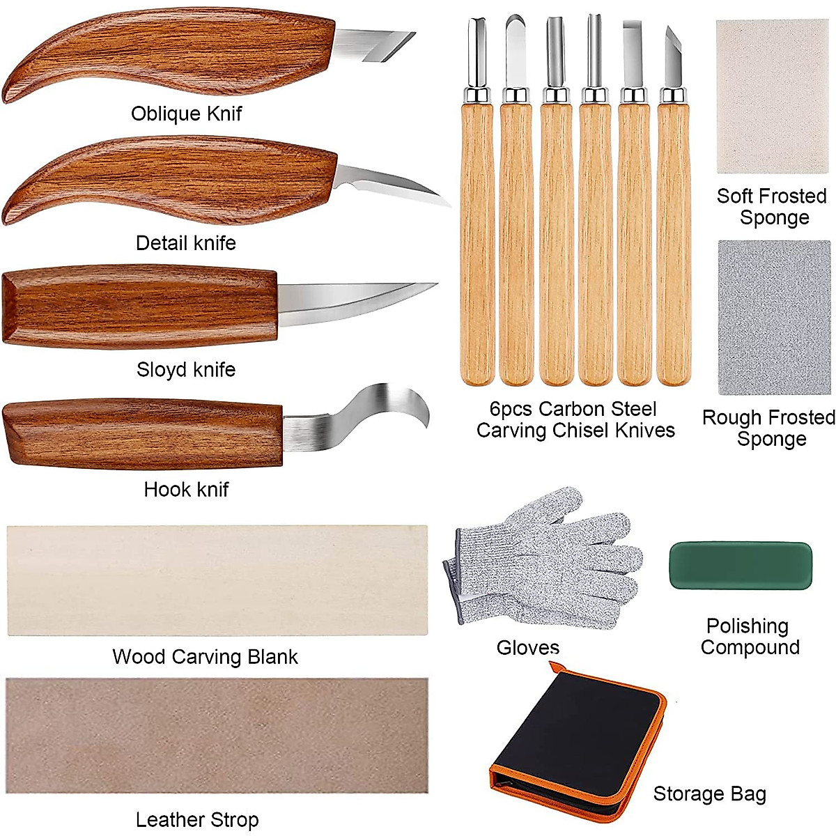 26-in-1 Wood Carving Kit with Detail Wood Carving Knife, Whittling Knife, Wood Chisel Knife, Gloves, Carving Knife Sharpener for Spoon, Bowl, Kuksa Cup (26PCS)