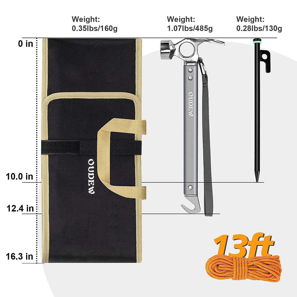 OUDEW Tent Stakes and Hammer Set,10pcs 10 in Heavy Duty Metal Tent Stakes + 12in Camping Hammer + Reflective Camping Rope + Storage Bag,Camping Accessories for Ground,Camp and Graden(Black)