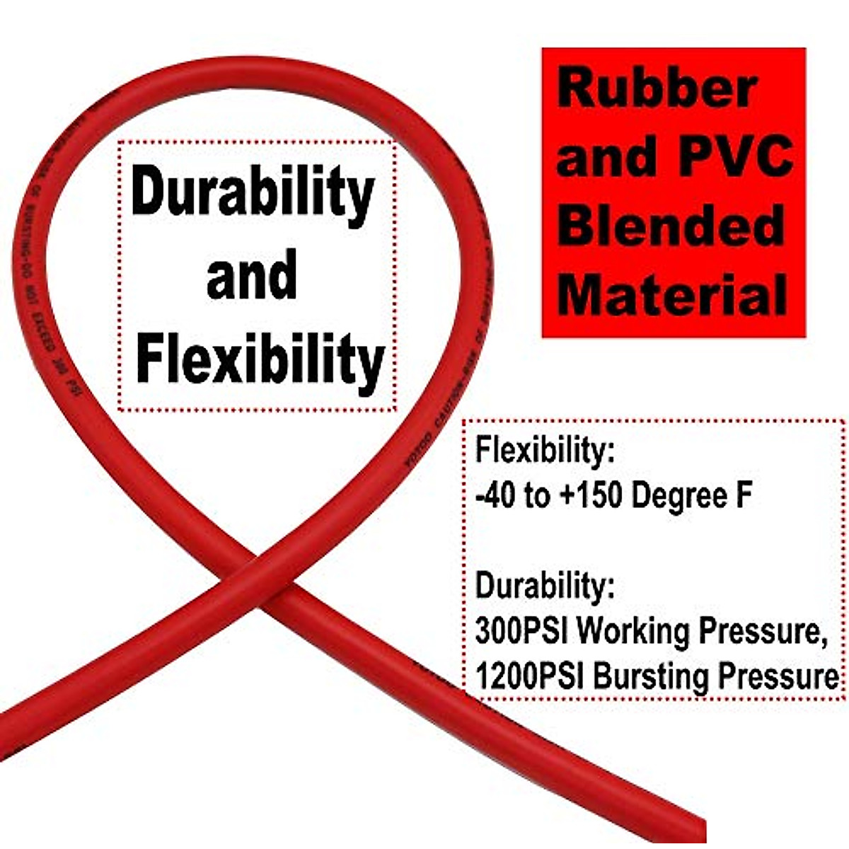 YOTOO Hybrid Air Hose 1/4-Inch by 25-Feet 300 PSI Heavy Duty, Lightweight, Kink Resistant, All-Weather Flexibility with 1/4-Inch Industrial Quick Coupler Fittings, Bend Restrictors, Red