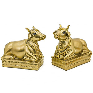 Hindu Nandi Holy Cow Statues - 2PCS Gold Nandi Cow Sitting Position Statue for House Temples Puja Home Decor Diwali Gift