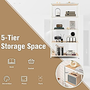 Giantex 5-Tier Industrial Bookshelf White - 61" Tall Open Display Shelving Rack with Anti-toppling Device, Adjustable Feet, Freestanding Storage Shelf for Living Room, Kitchen, Office, Bedroom