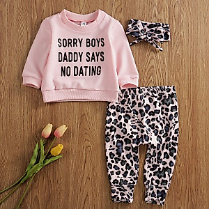 Newborn Baby Girls Clothes Daddy Saying Top Printed T-Shirt Leopard Pants+Headband Sweatshirt Outfit Set (A-Daddy Says, 0-6 Months)